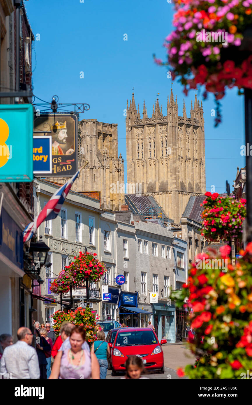 The towers of Wells Cathedral from High Street Wells Stock Photo - Alamy