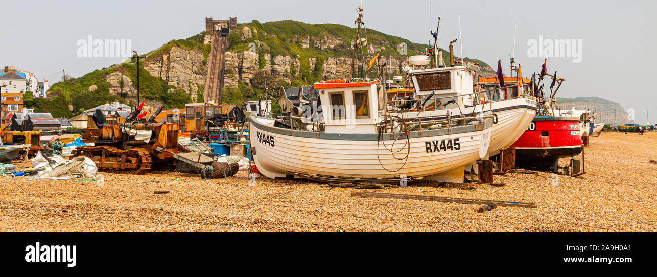 Cliff Railway and white fishing boats Stock Photo - Alamy