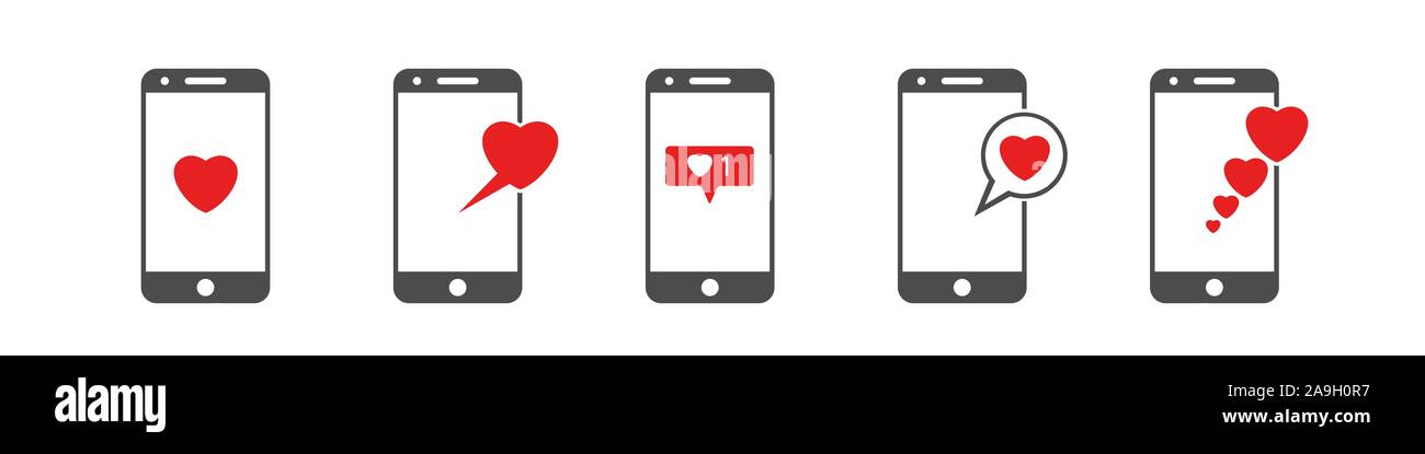 Smartphone with red heart set. Love symbols, I Love You message Stock ...
