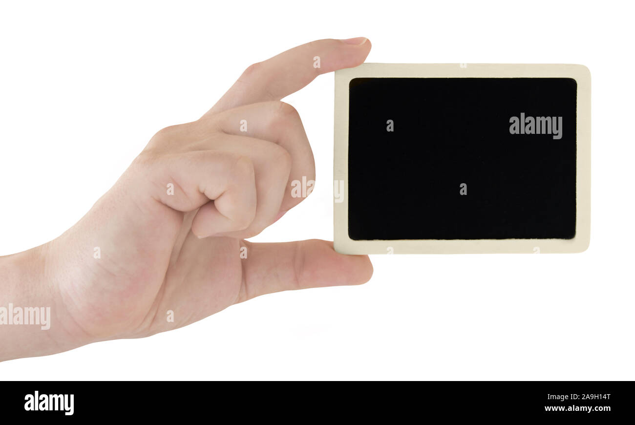 Male hand holding black board isolated on white background Stock Photo ...