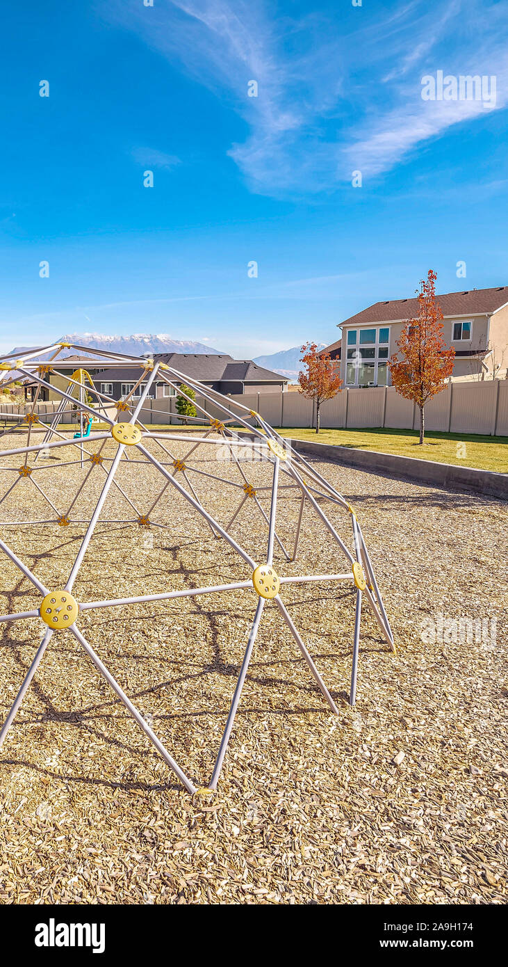 Vertical frame Metal climbing dome with nets in a playground Stock ...