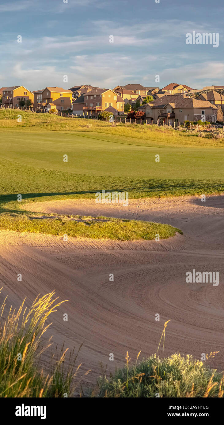 Vertical frame Panorama of a large sand trap on a golf course Stock ...