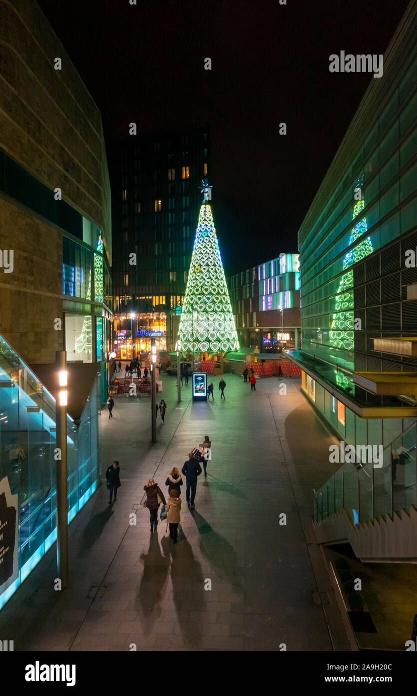 Lighted Christmas tree with hearts in Liverpool Stock Photo - Alamy