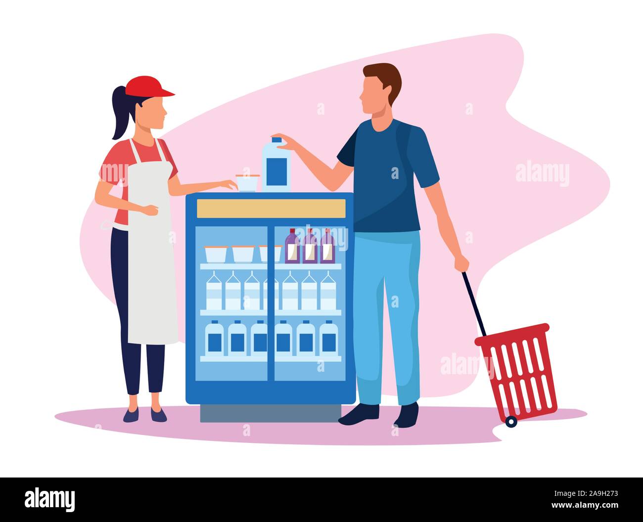 supermarket worker helping a customer at beverages fridge Stock Vector ...