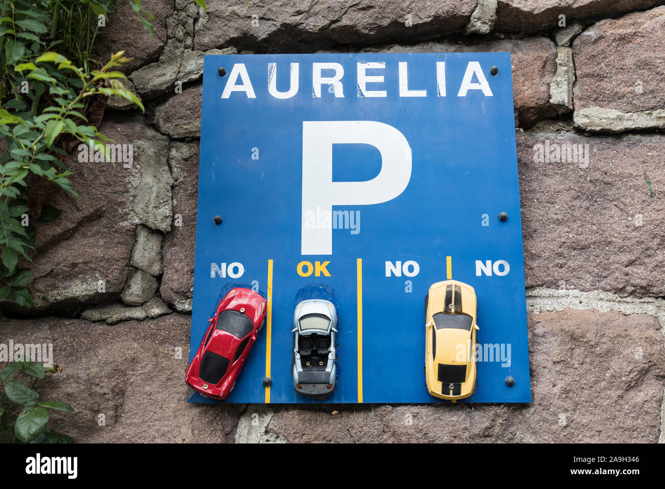 Amusing sign showing allowable car parking methods outside a small ...