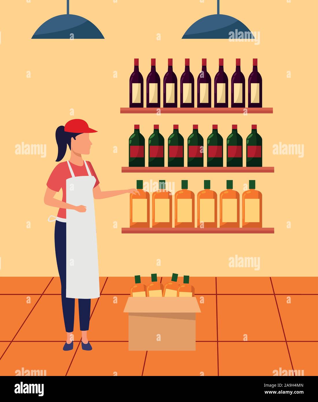supermarket worker at stand with bottles Stock Vector Image & Art - Alamy