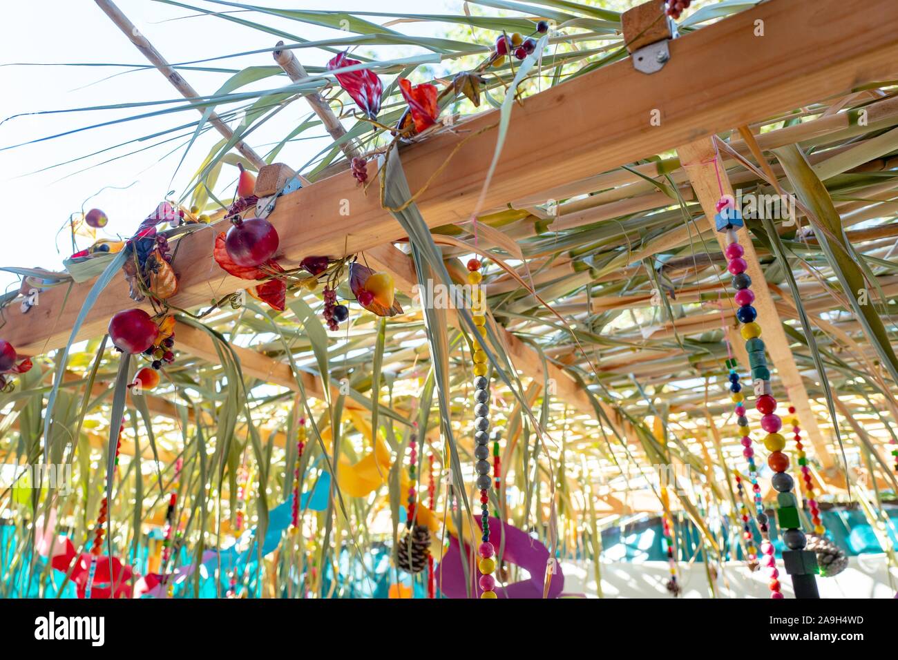 Close-up of top of a Sukkah, a temporary outdoor hut constructed and ...