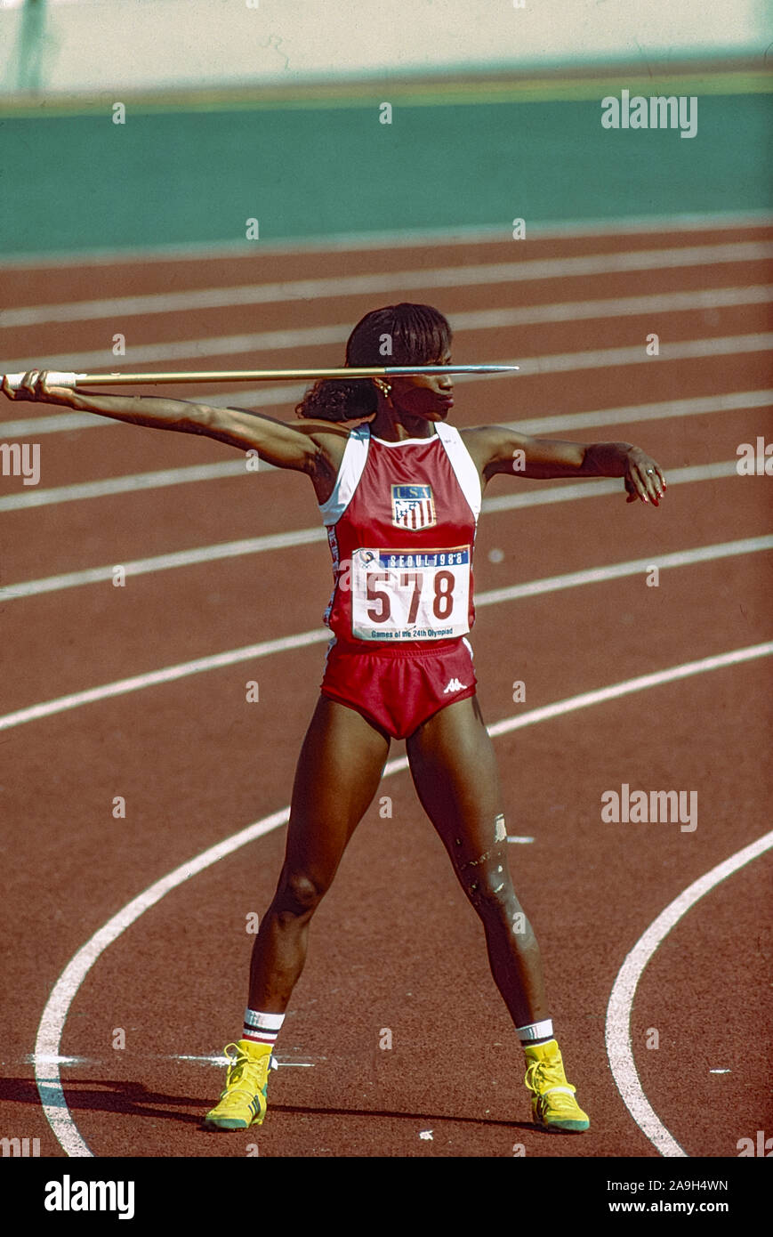 Jackie Joyner Kersee (USA) competing at the 1988 Olympoic Summer Games ...