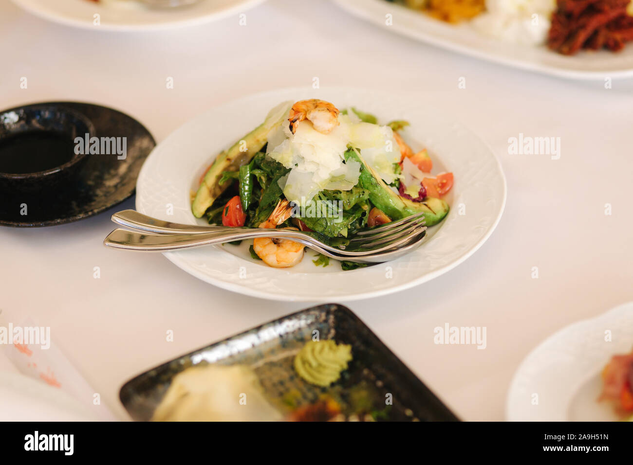 Fresh salad in restaurant on the table. Banquet concapt. Different ...