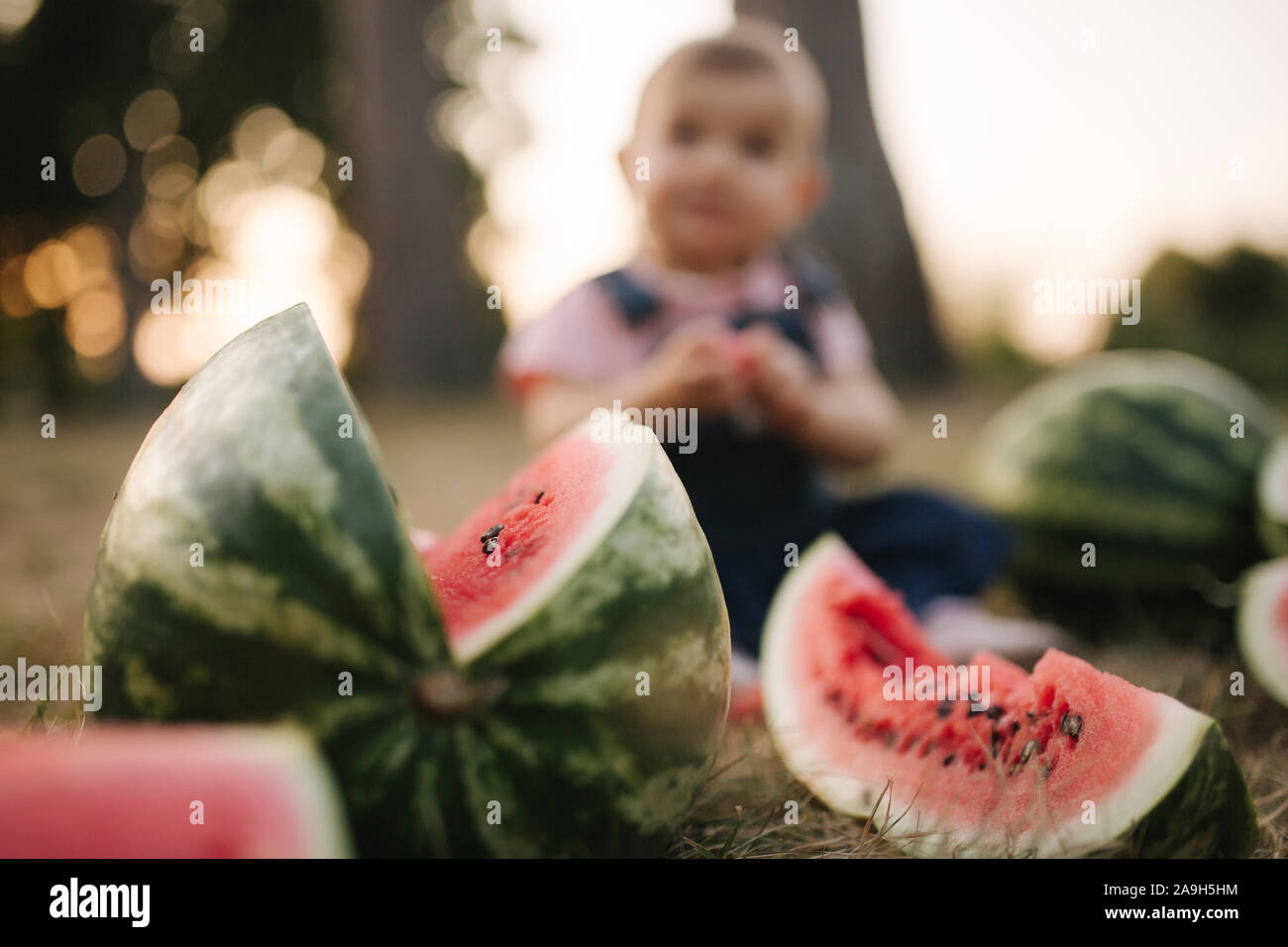 Cute little baby girl laughing with watermelons. Girl dressed in denim ...