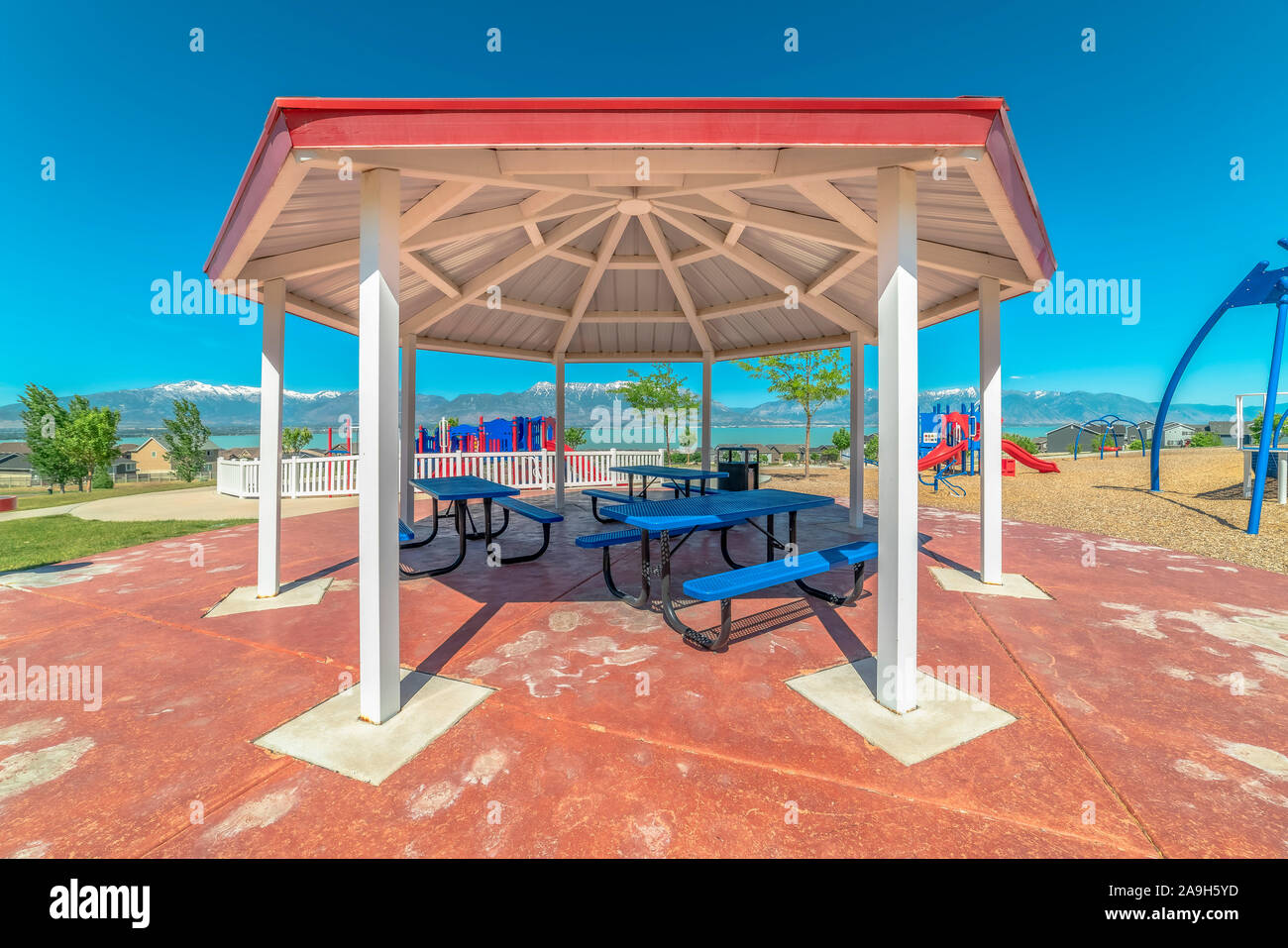 Octagon shape pavilion with scenic Timpanogos mountains and lake ...