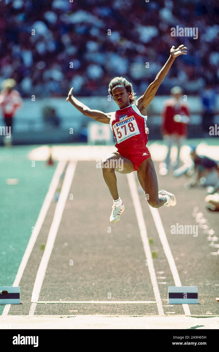 Jackie Joyner Kersee (USA) competing at the 1988 Olympoic Summer Games ...