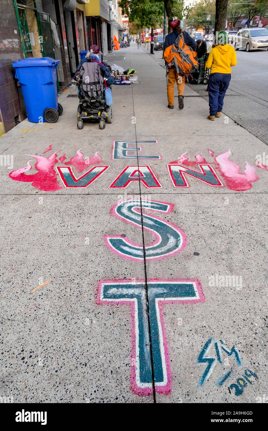 East Van cross, symbol painted on Hastings Street sidewalk, DTES ...
