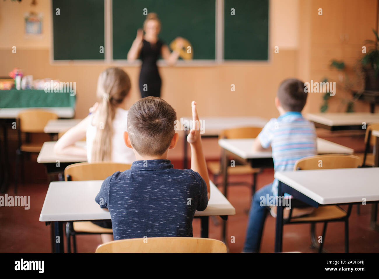 Back view of children sitting in the class room and study. Elementary ...