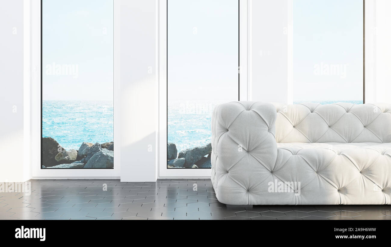 Modern Design living room interior with sea view . 3D rendering Stock ...