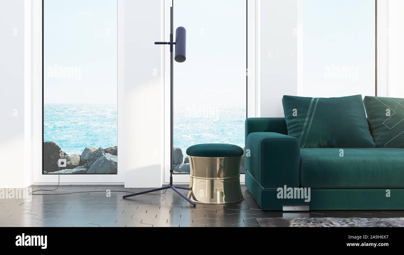 Modern Design living room interior with sea view . 3D rendering Stock ...