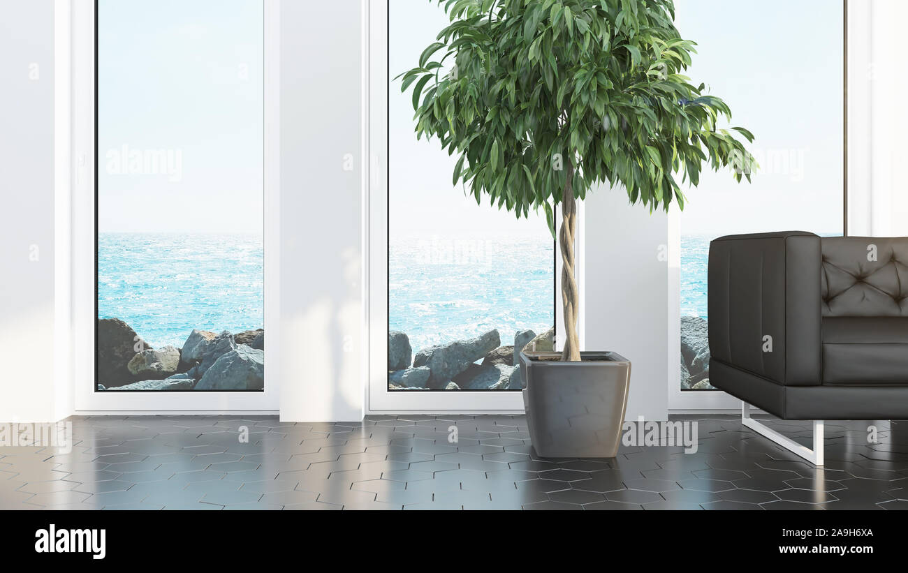 Modern Design living room interior with sea view . 3D rendering Stock ...