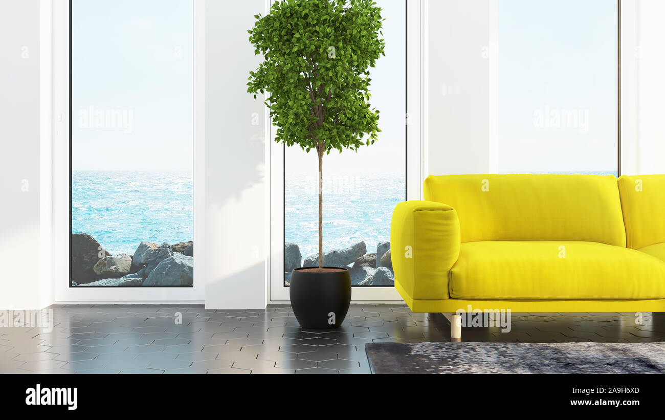 Modern Design living room interior with sea view . 3D rendering Stock ...