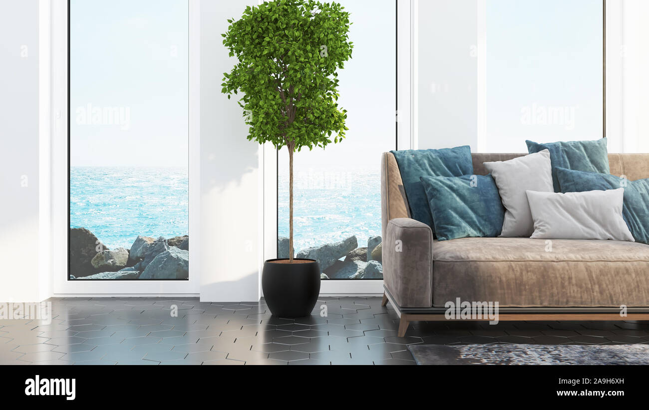 Modern Design living room interior with sea view . 3D rendering Stock ...
