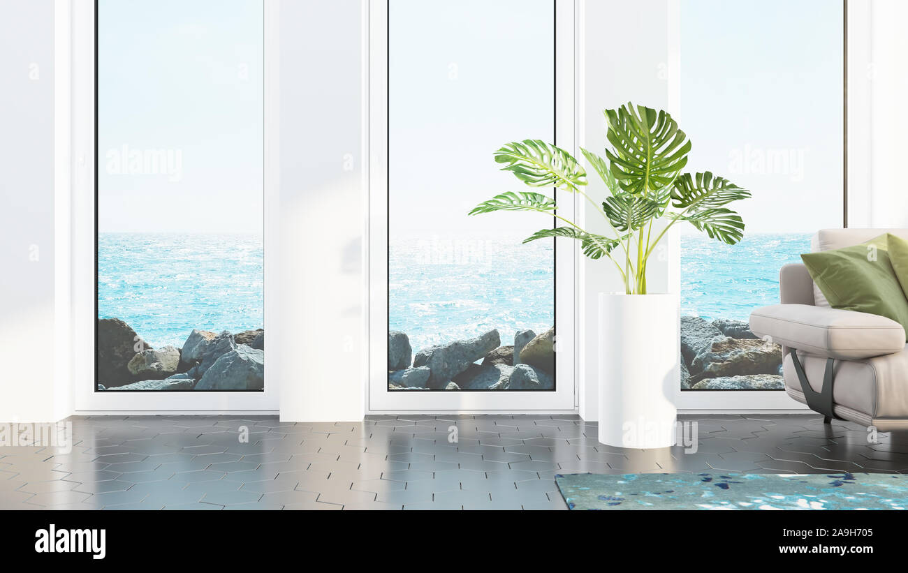 Modern Design living room interior with sea view . 3D rendering Stock ...