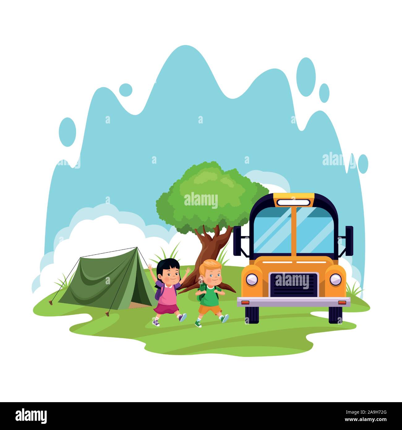 school camping design with cartoon kids and school bus Stock Vector ...