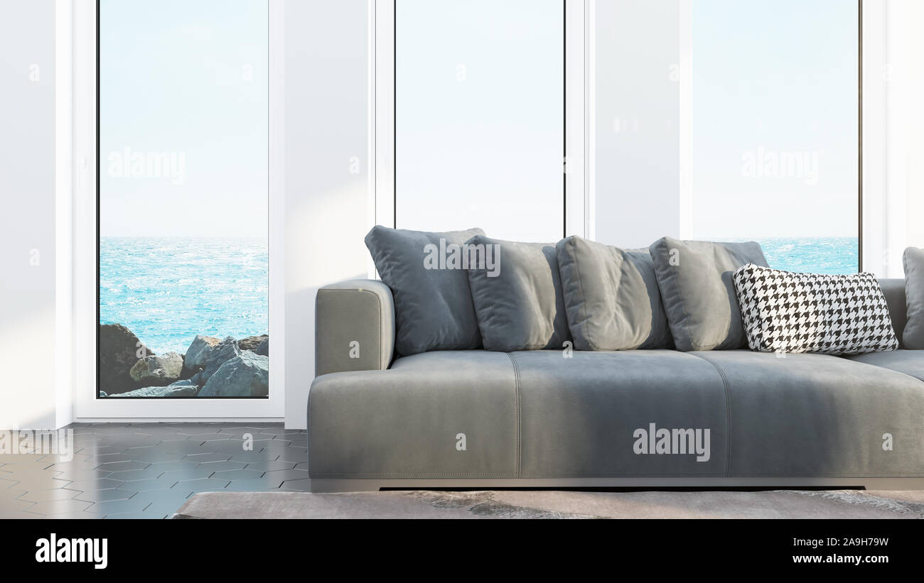 Modern Design living room interior with sea view . 3D rendering Stock ...