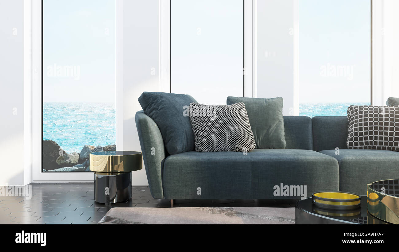 Modern Design living room interior with sea view . 3D rendering Stock ...