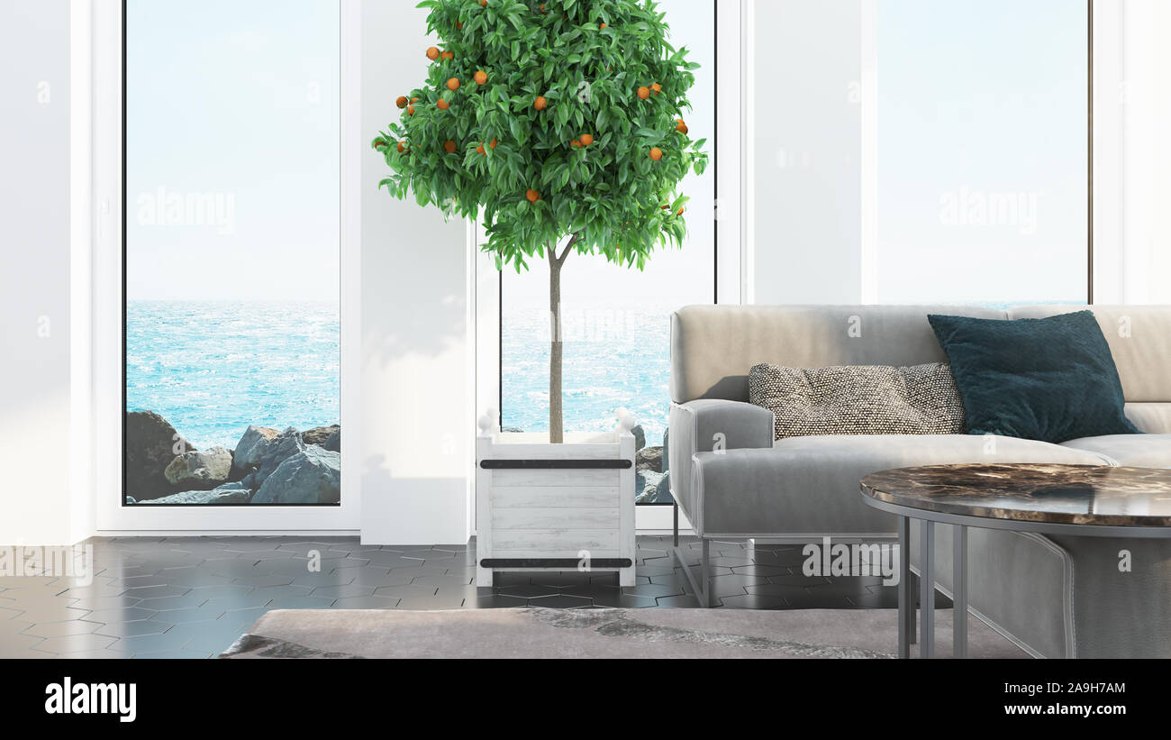 Modern Design living room interior with sea view . 3D rendering Stock ...