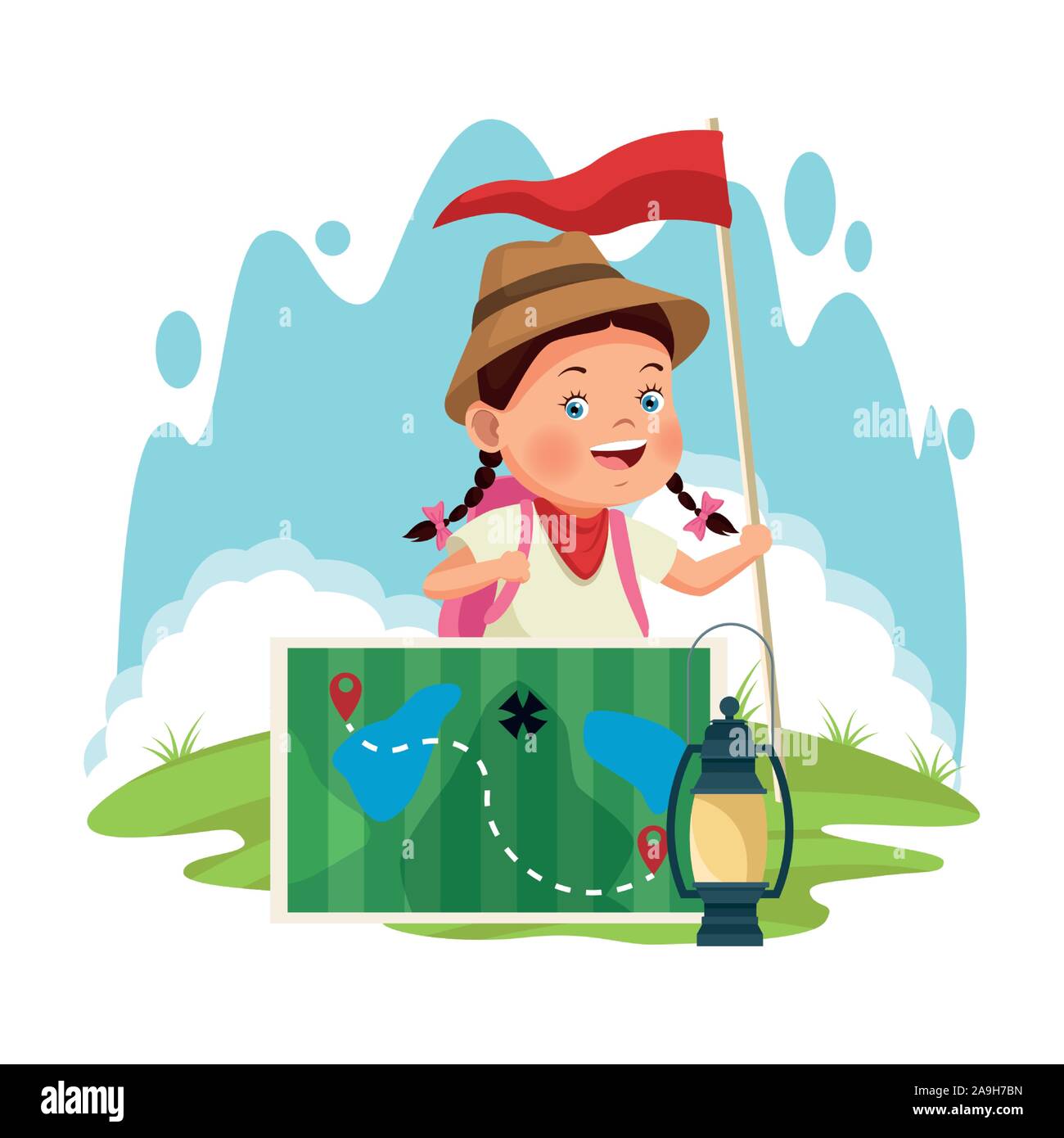 cartoon explorer girl with forest map and lantern Stock Vector Image ...
