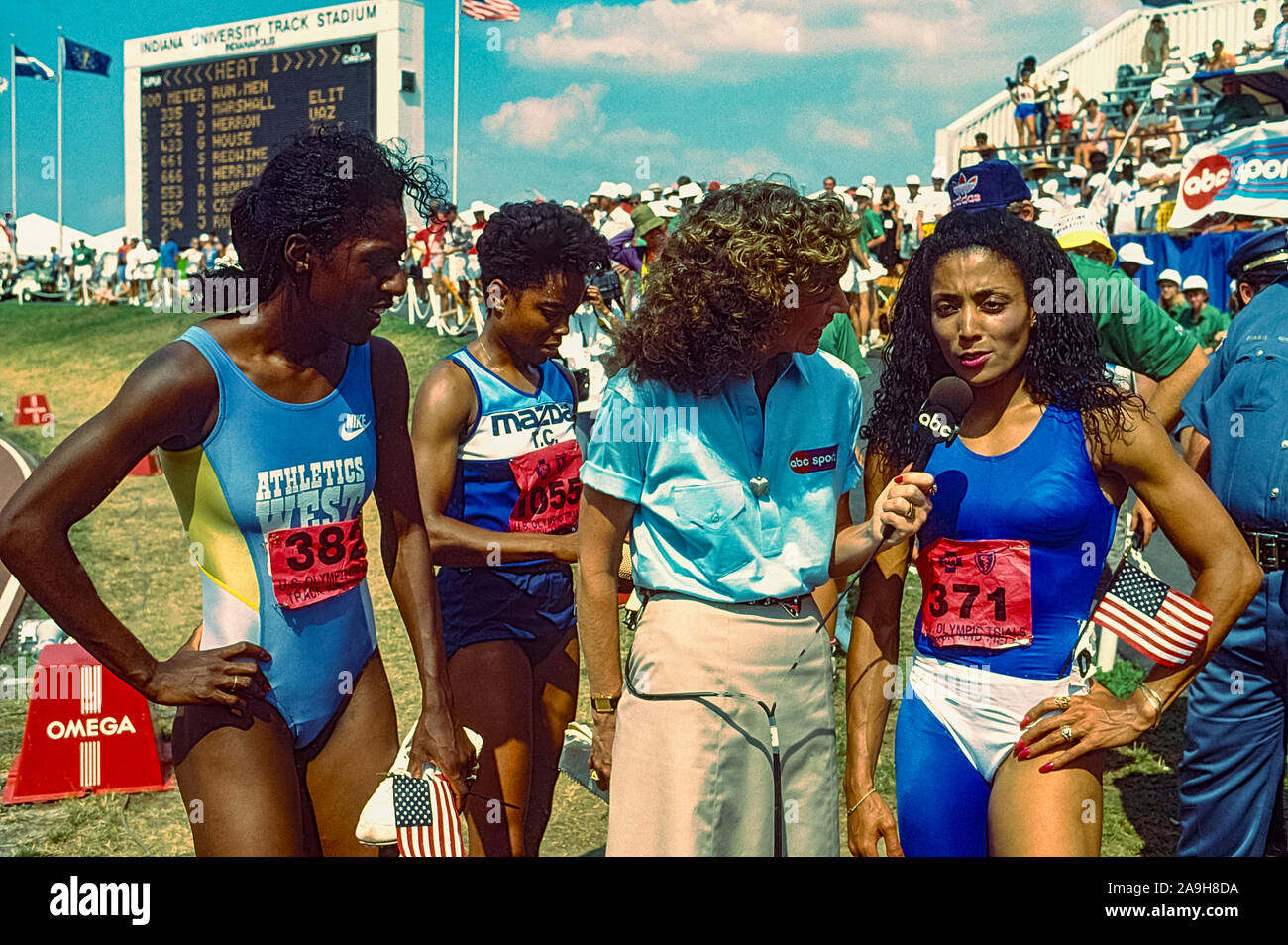 Florence Griffith Joyner being interviewed by Kathrine Switzer of ABC ...