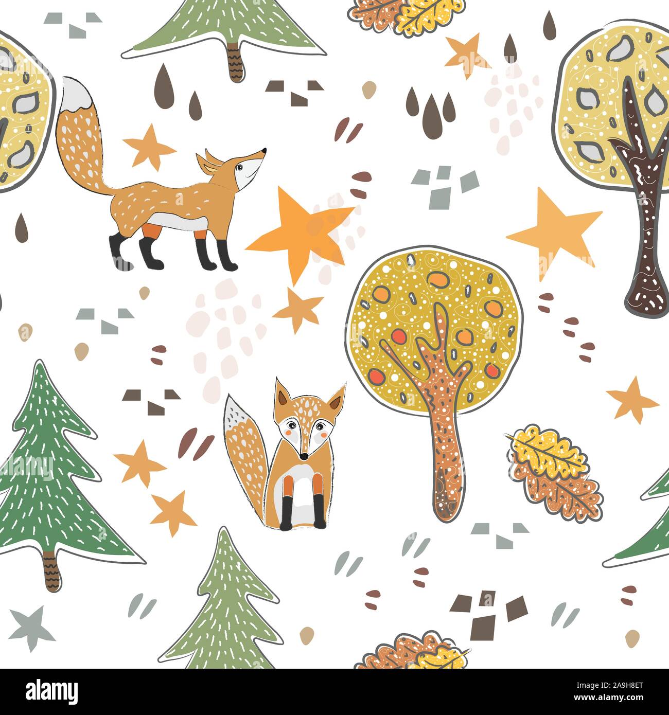 Seamless fox pattern with cute trees, stars, foxes and abstract shapes ...