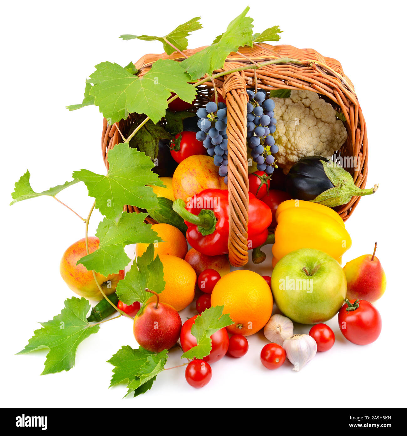 vegetables and fruits in a basket isolated on white background Stock ...