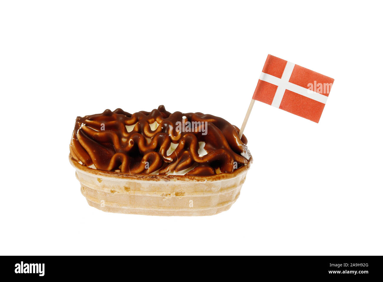 One chocolate covered ice cream boat with a Dansih flag flying isolated ...