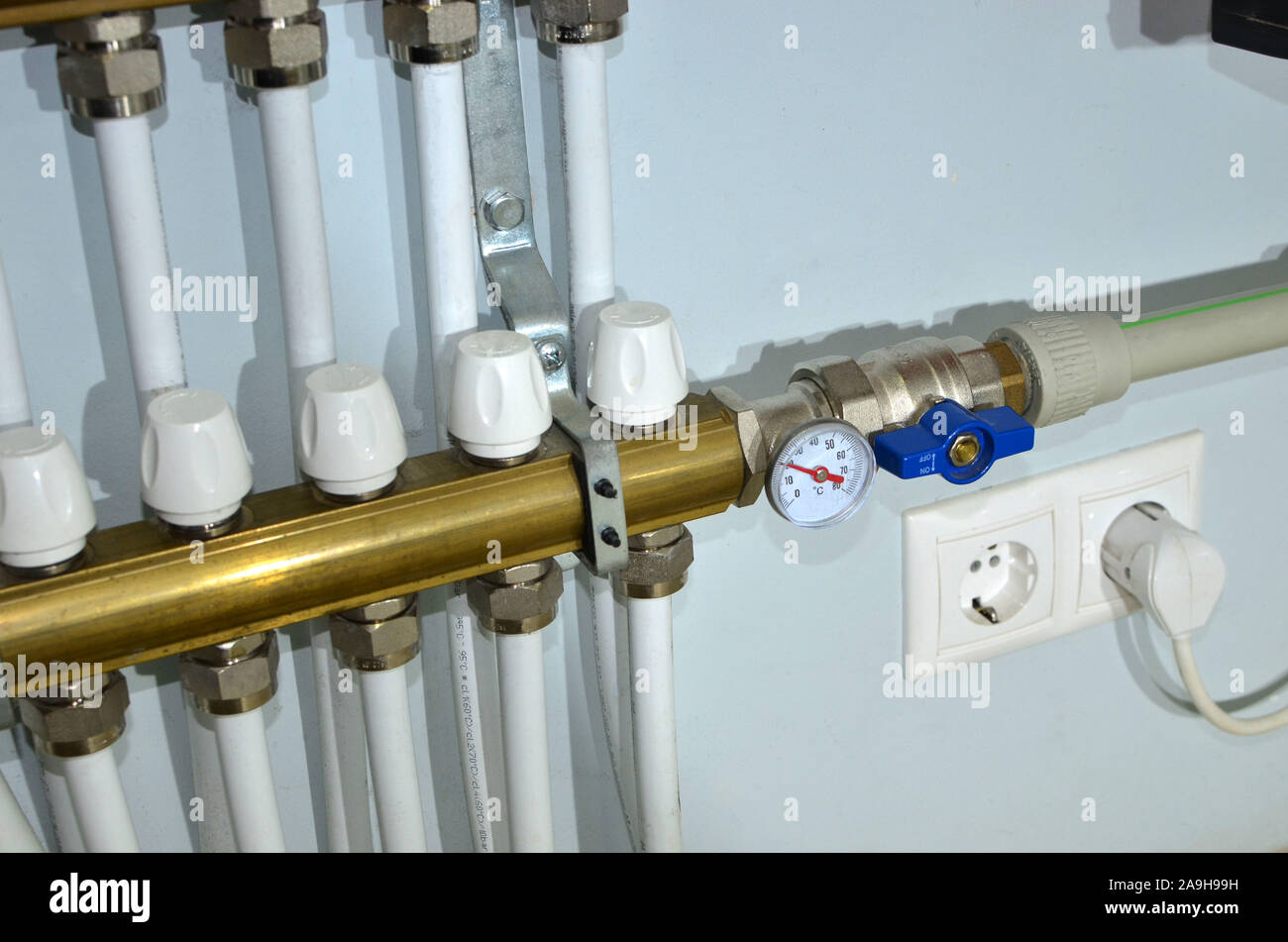 Close up of manometer, pipe, flow meter, water pumps and valves of ...