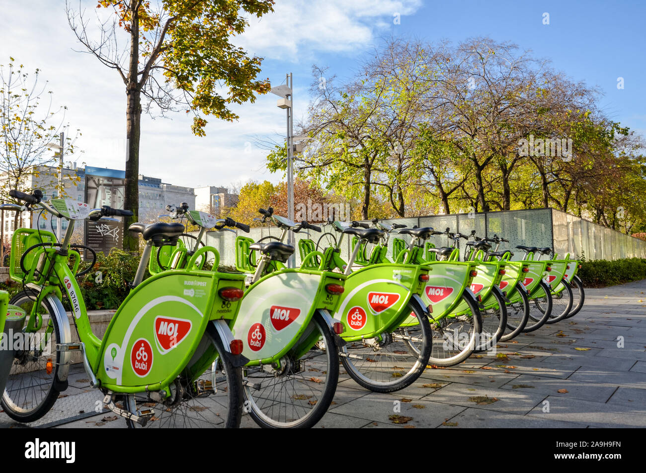 Budapest, Hungary - Nov 6, 2019: Public green bicycles to rent in the ...