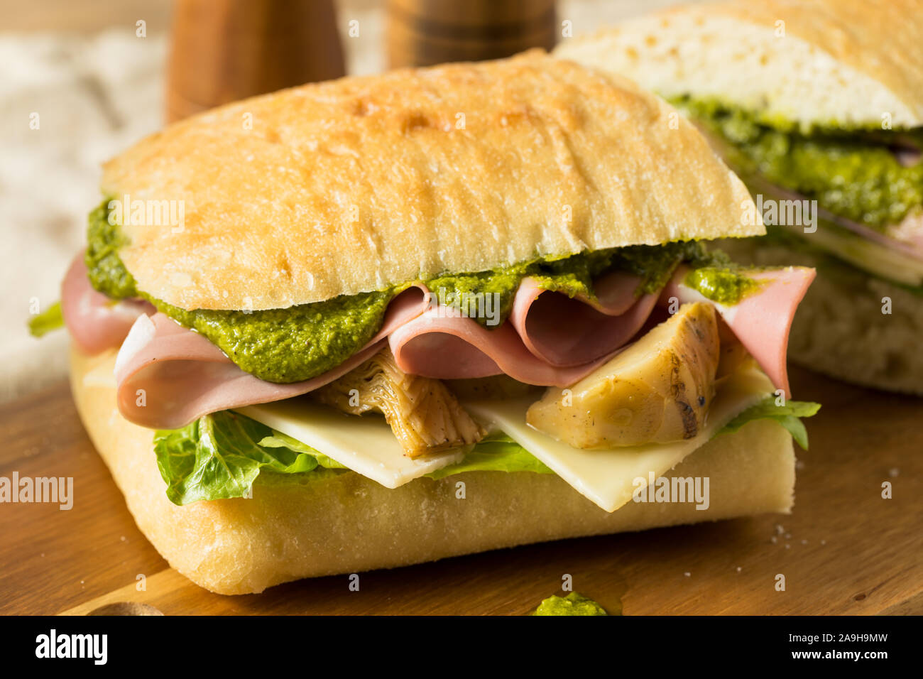 Homemade Italian Panino Sandwich with Artichoke and Mortadella Stock ...