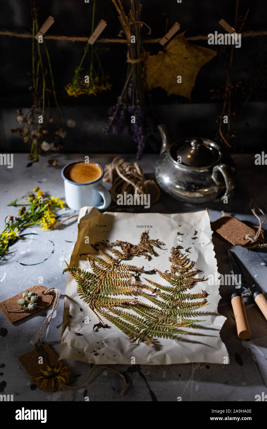 coffee time vintage style dried flowers Stock Photo - Alamy