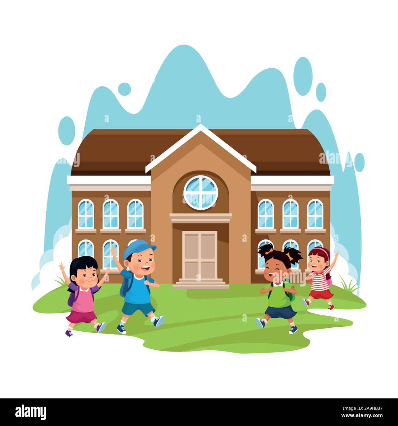 school building and happy kids, colorful design Stock Vector Image ...