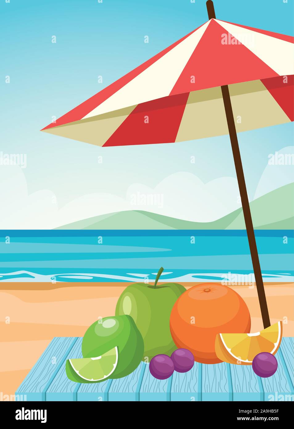 fruits and parasol at the beach, colorful design Stock Vector Image ...