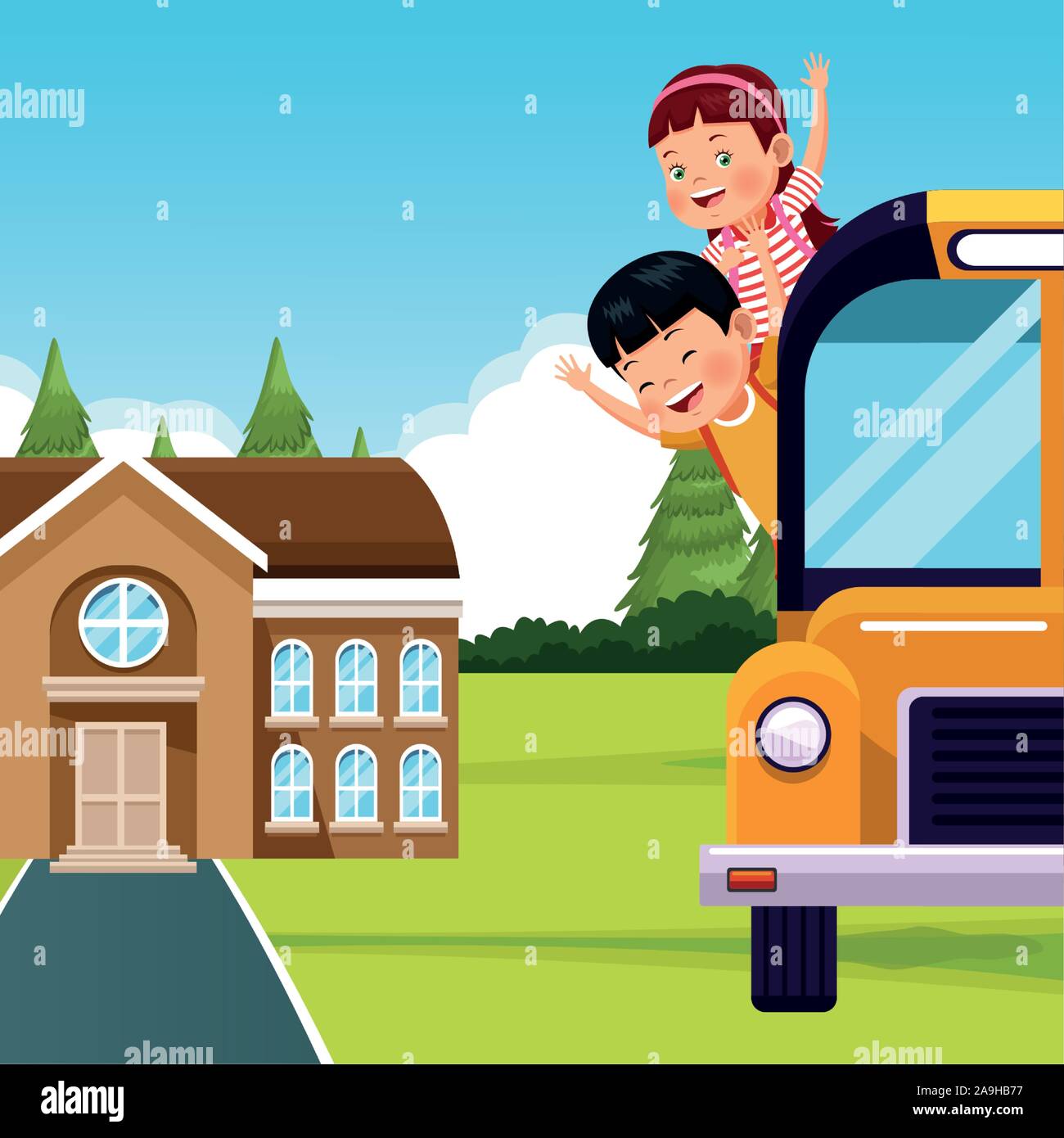 back to school design with school bus with happy kids going out for the ...