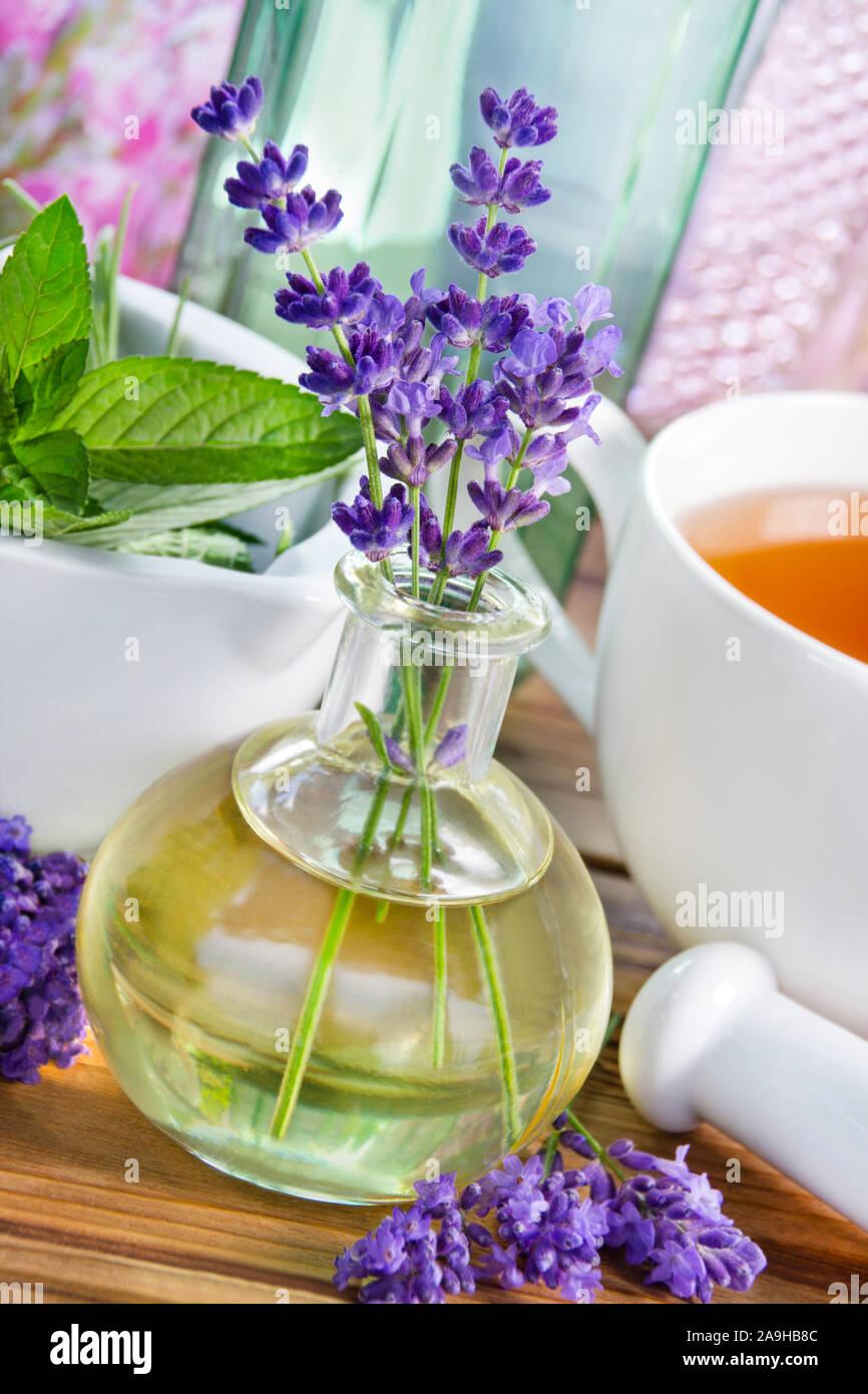 Wellness - Lavender - Tea and oil Stock Photo - Alamy