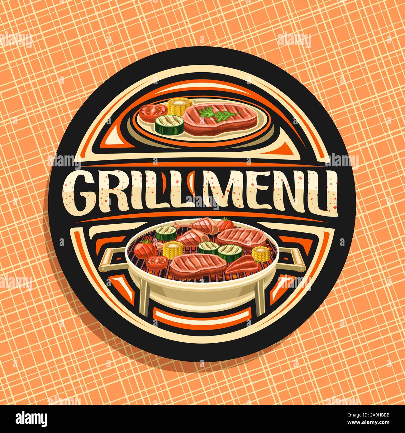 Vector logo for Grill Menu, black decorative sign board with fried ...