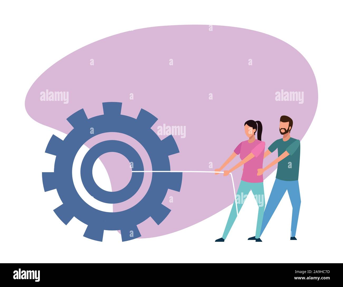 avatar man and woman pulling a big gear wheel, colorful design Stock ...