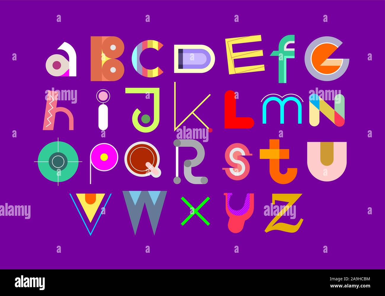 Colorful font design isolated on a bright purple background Stock ...