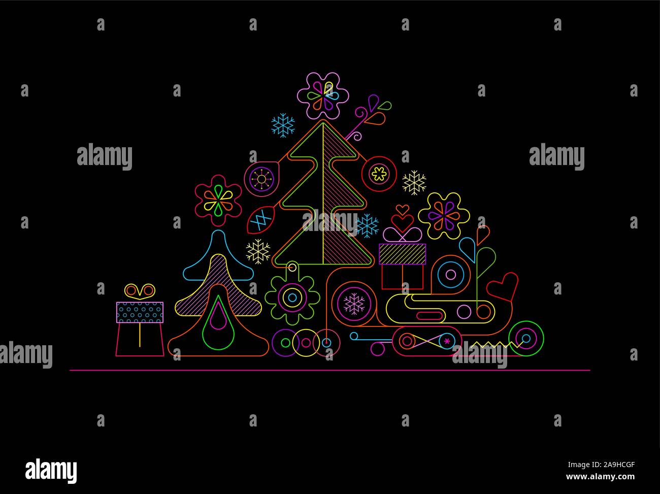 Neon colors silhouettes isolated on a black background Christmas Tree ...