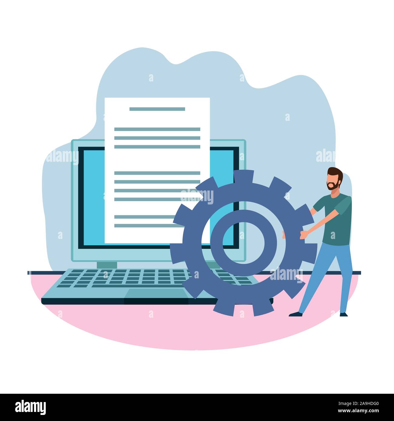 big laptop computer and man pulling a gear wheel Stock Vector Image ...