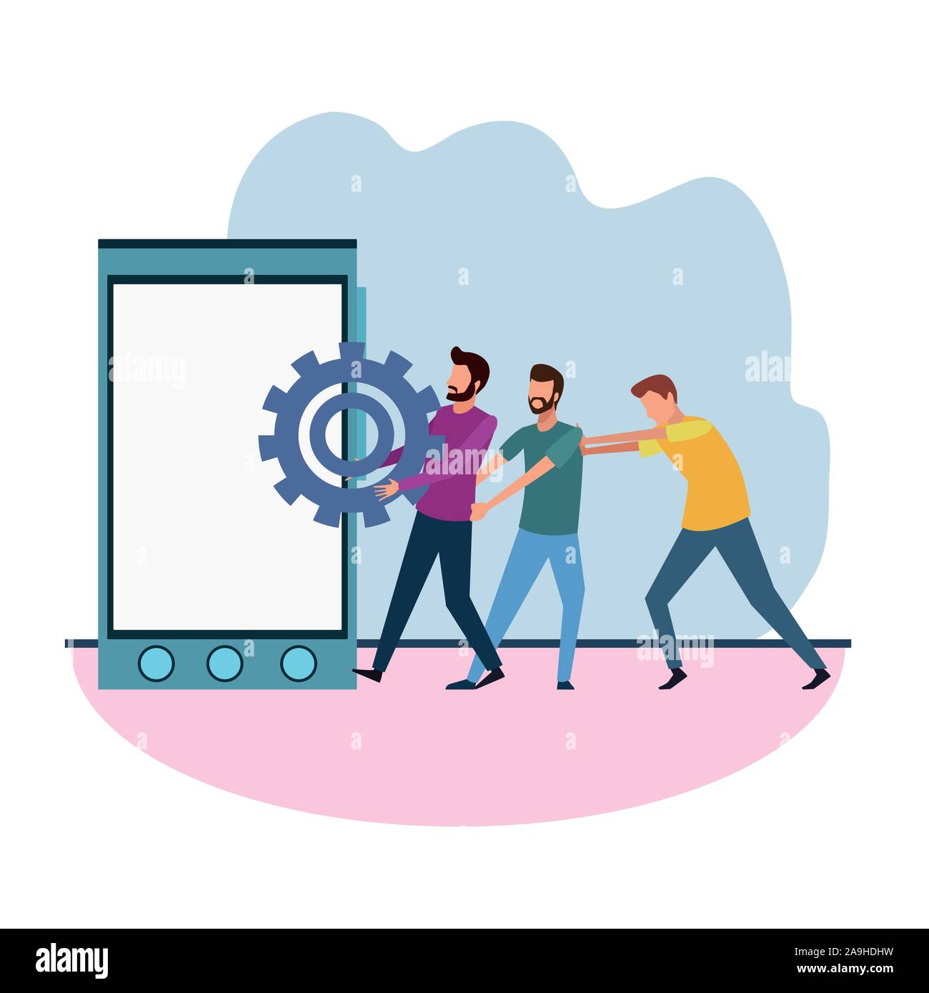 avatar men pulling a gear wheel and smartphone device Stock Vector ...