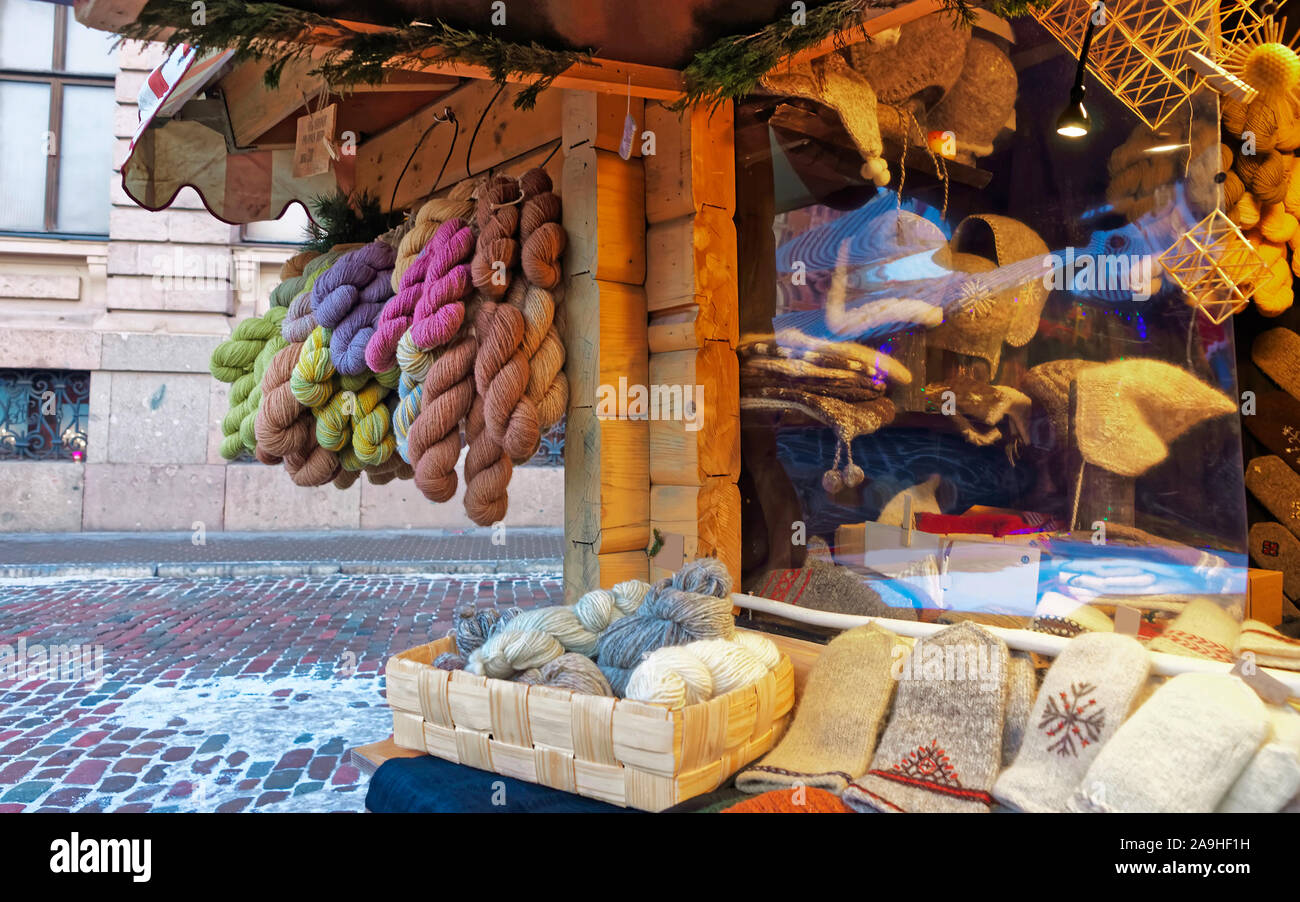 Knitted goods displayed for sale at the Christmas market new Stock ...