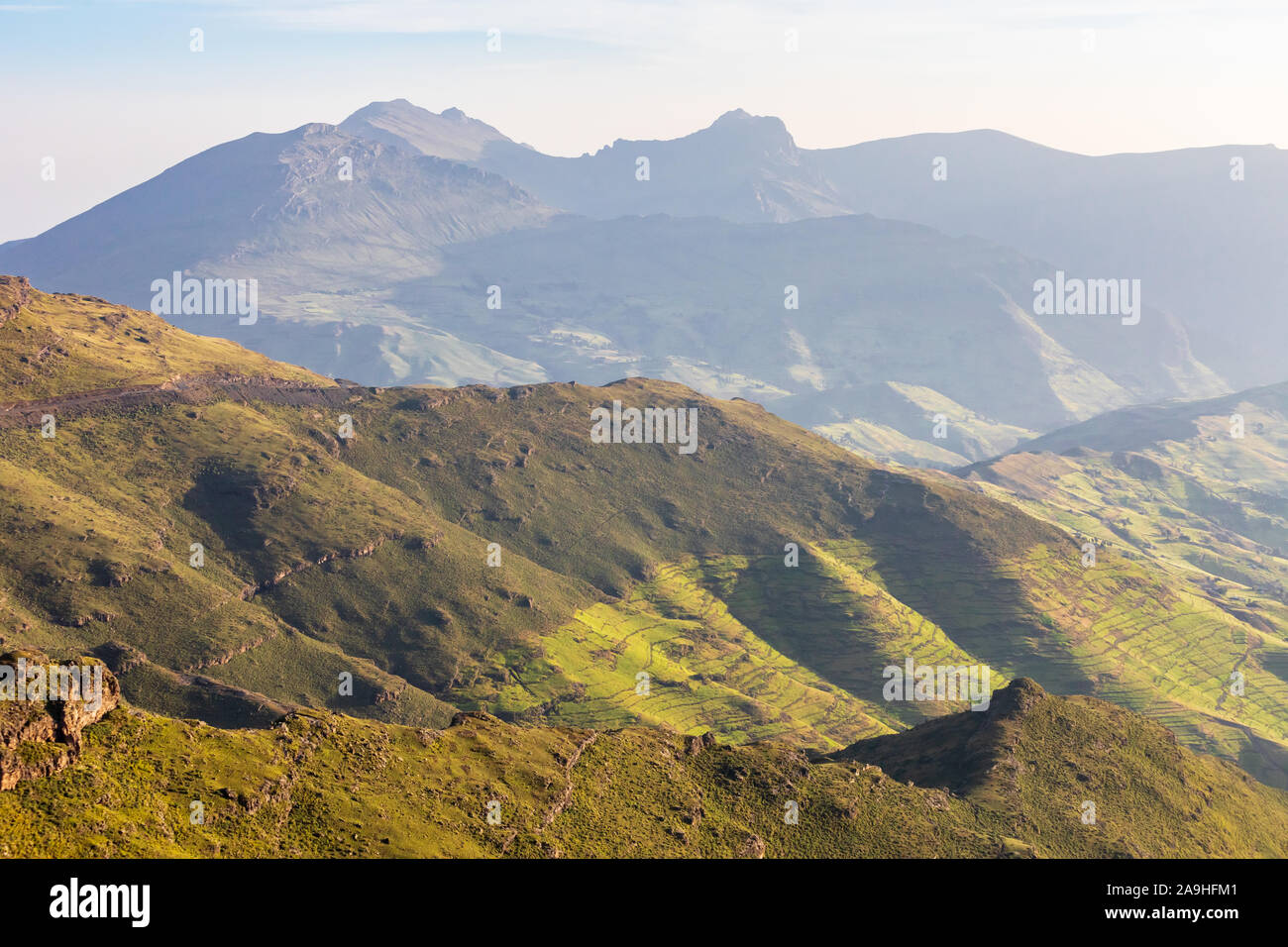 Ethiopia. Amhara. North Gondar. View across the hills of the Ethiopian ...
