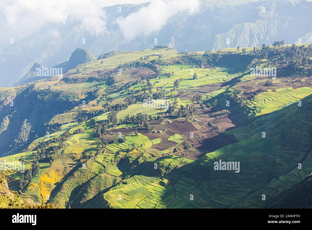 Ethiopia. Amhara. North Gondar. View of farms and a village in the ...